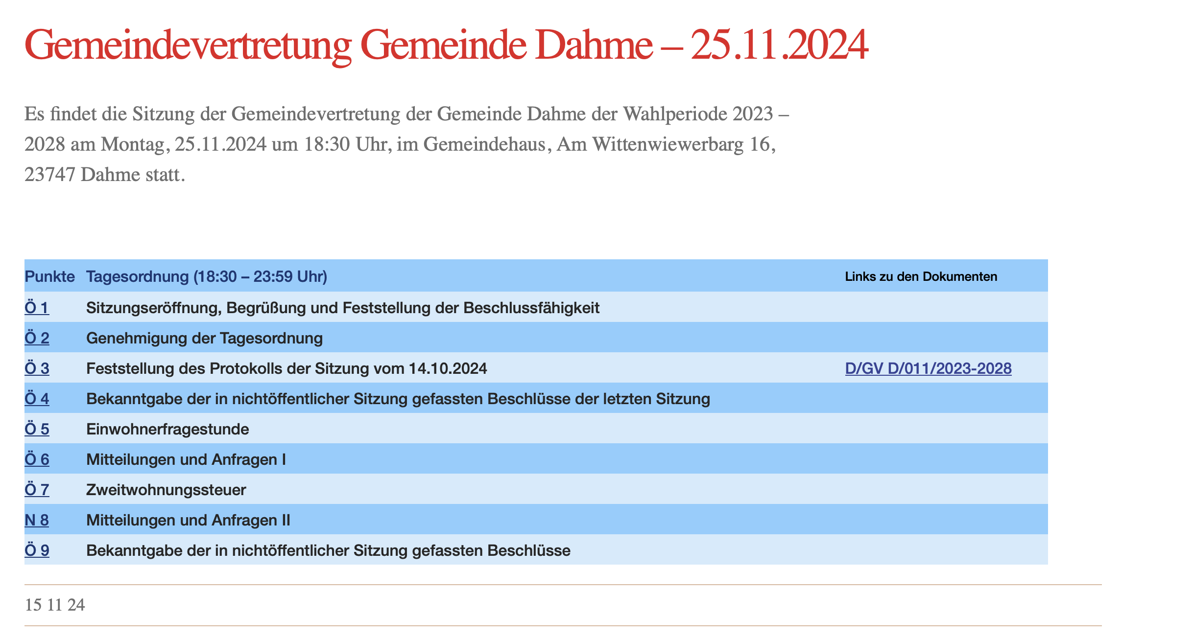 Gemeindevertretung – 25.11.2024 – DWG Dahme